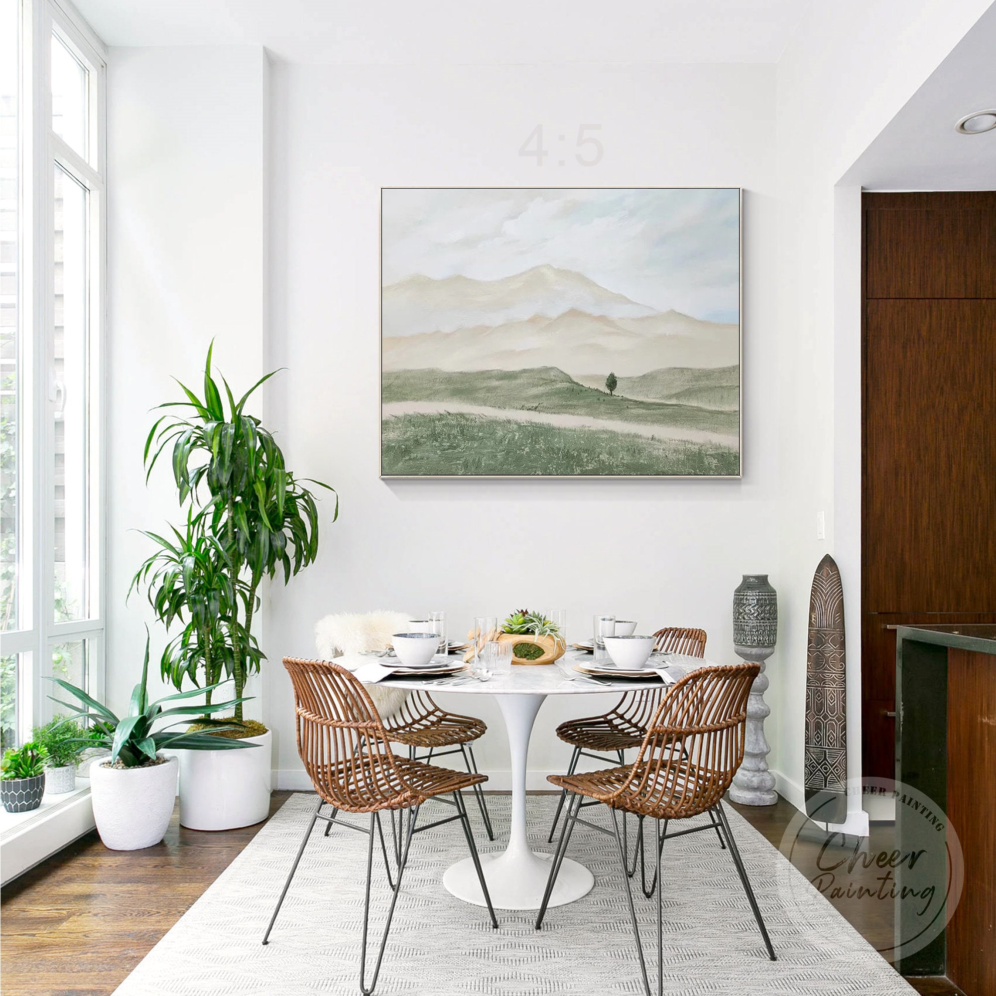 Beige Mountain Green Grassland Painting Landscape Art Textured - Etsy