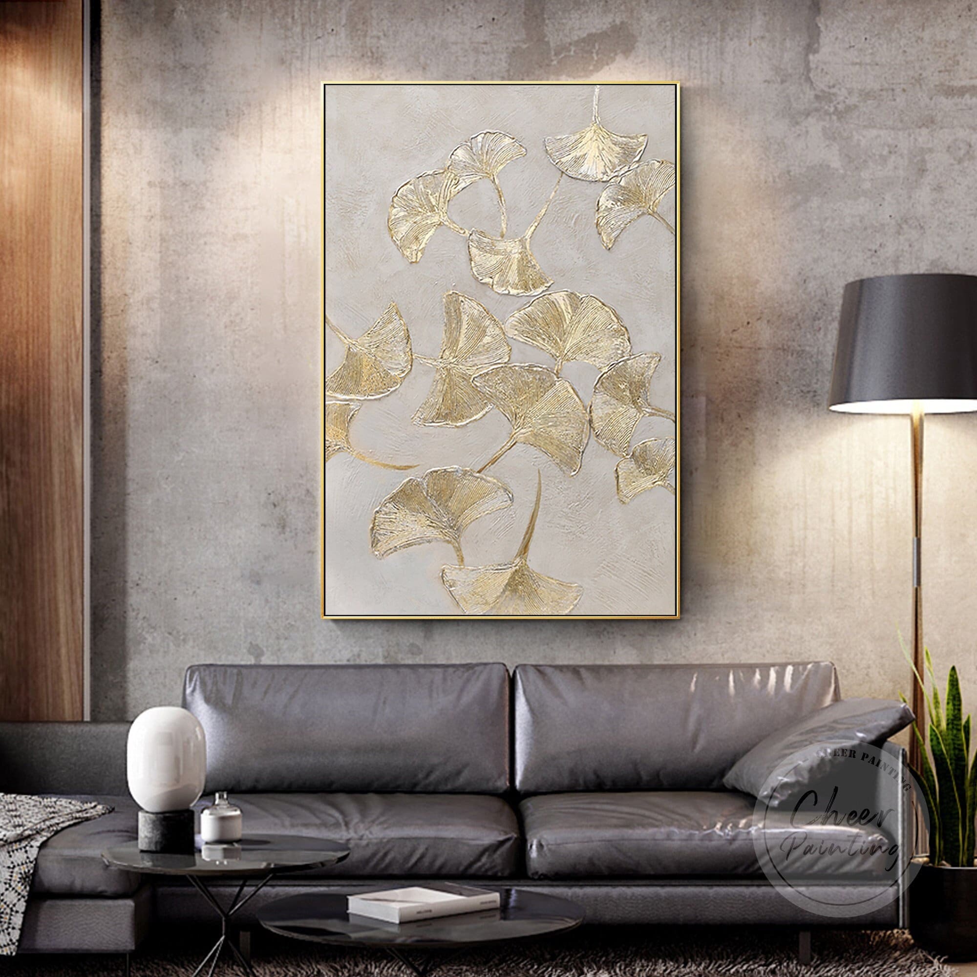 Gold Ginkgo Leaf Painting, Minimalist Abstract Wall Art, Framed Gold ...