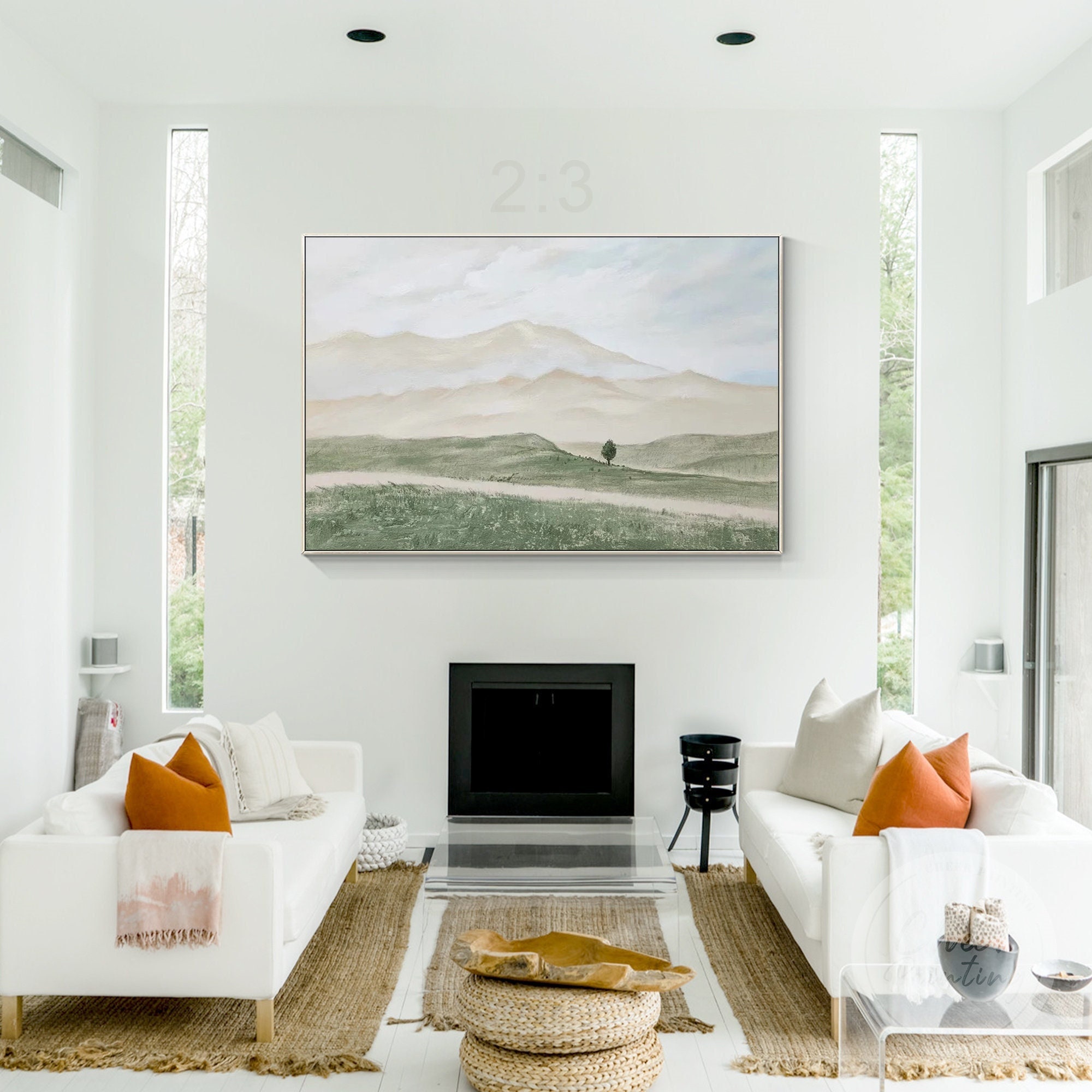 Beige Mountain Green Grassland Painting Landscape Art Textured - Etsy