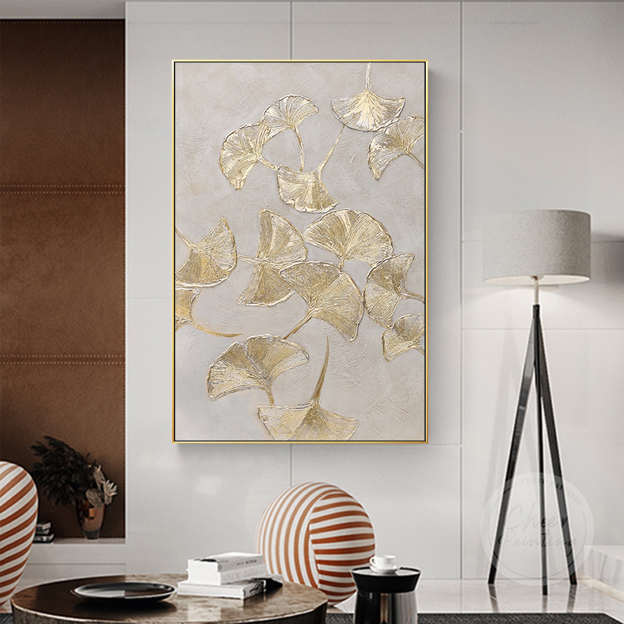 Gold Ginkgo Leaf Painting, Minimalist Abstract Wall Art, Framed Gold ...