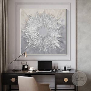 Silver Leaf Soundwave Rays Abstract Painting Heavy Textured Metallic ...