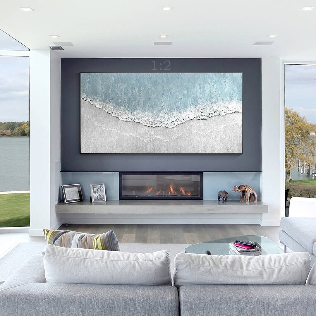 Framed Seascape Painting: Light Blue Beach, Textured Abstract Wall Art ...