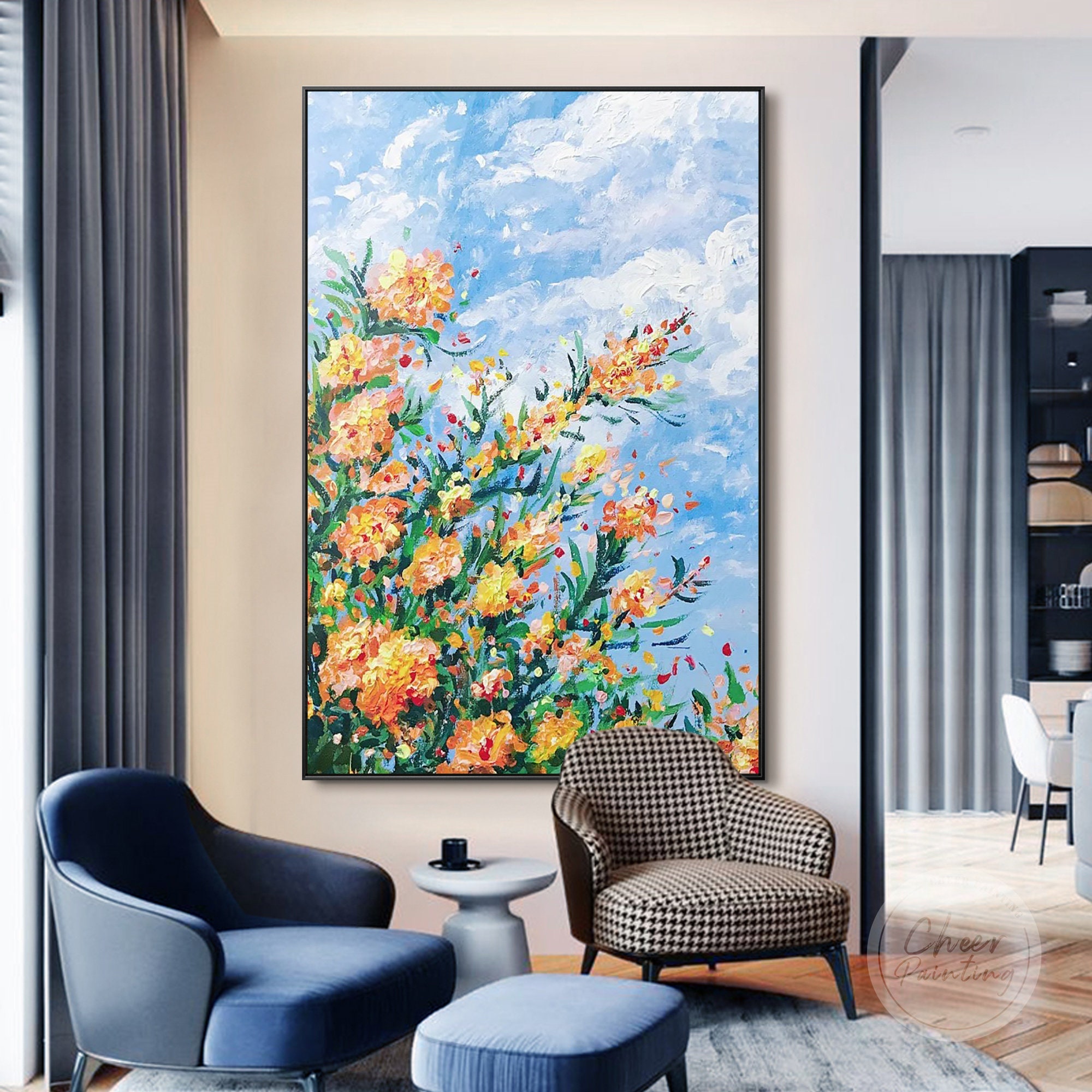 Orange Flower Paintingblue Sky Abstract Artlarge Original - Etsy