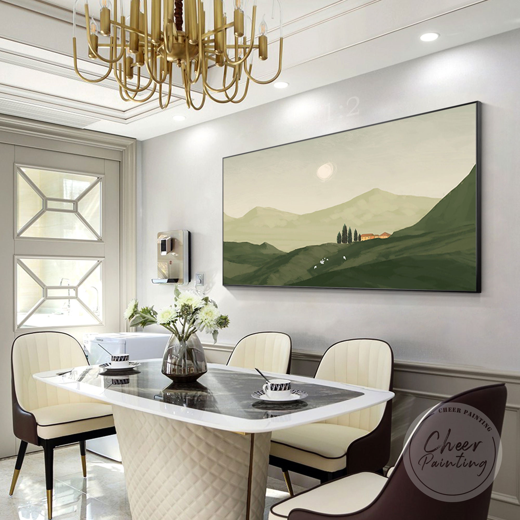 Dark Green Landscape Painting: Sunset Mountain Art, Beige Sky,long ...