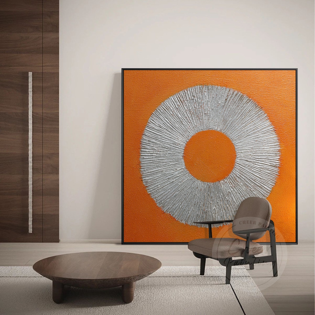 Modern Orange Abstract Silver Ring Framed Wall Art Hand Painted ...