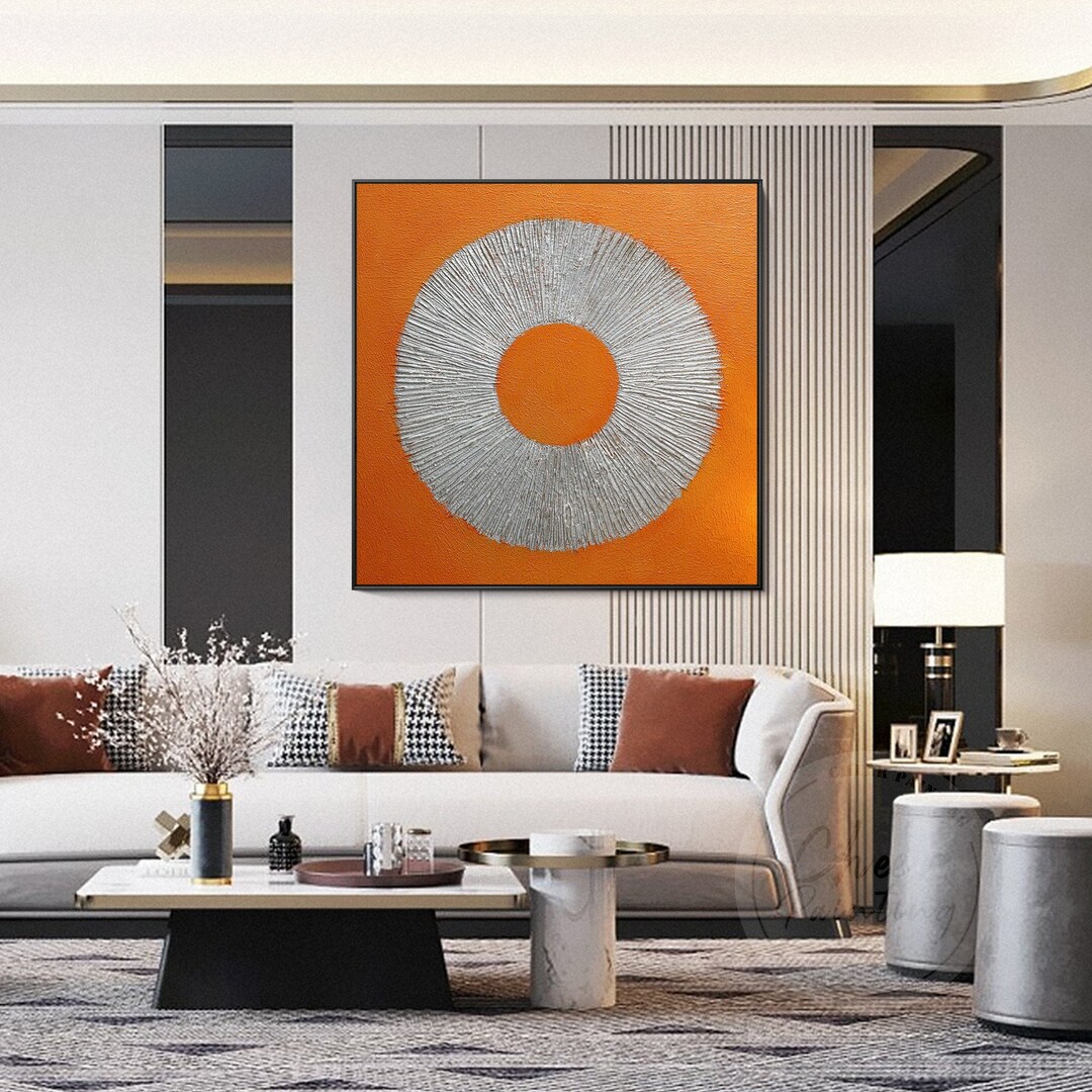 Modern Orange Abstract Silver Ring Framed Wall Art Hand Painted ...