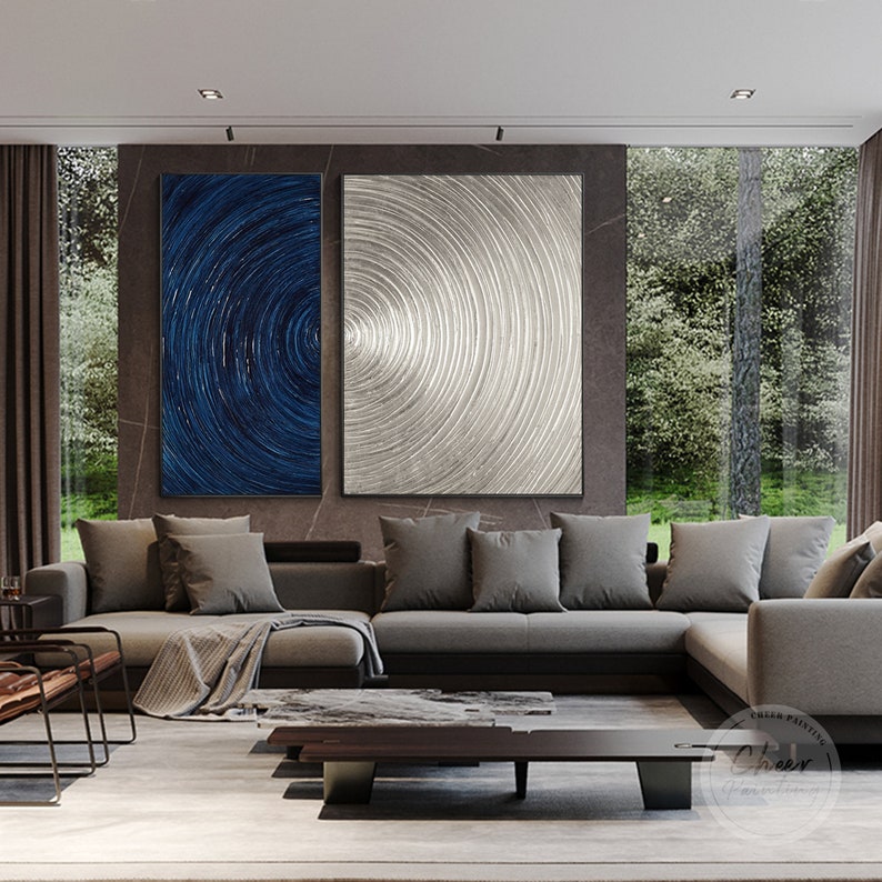 Set of 2: Navy Blue & Silver Circle Abstract Framed Art - Etsy