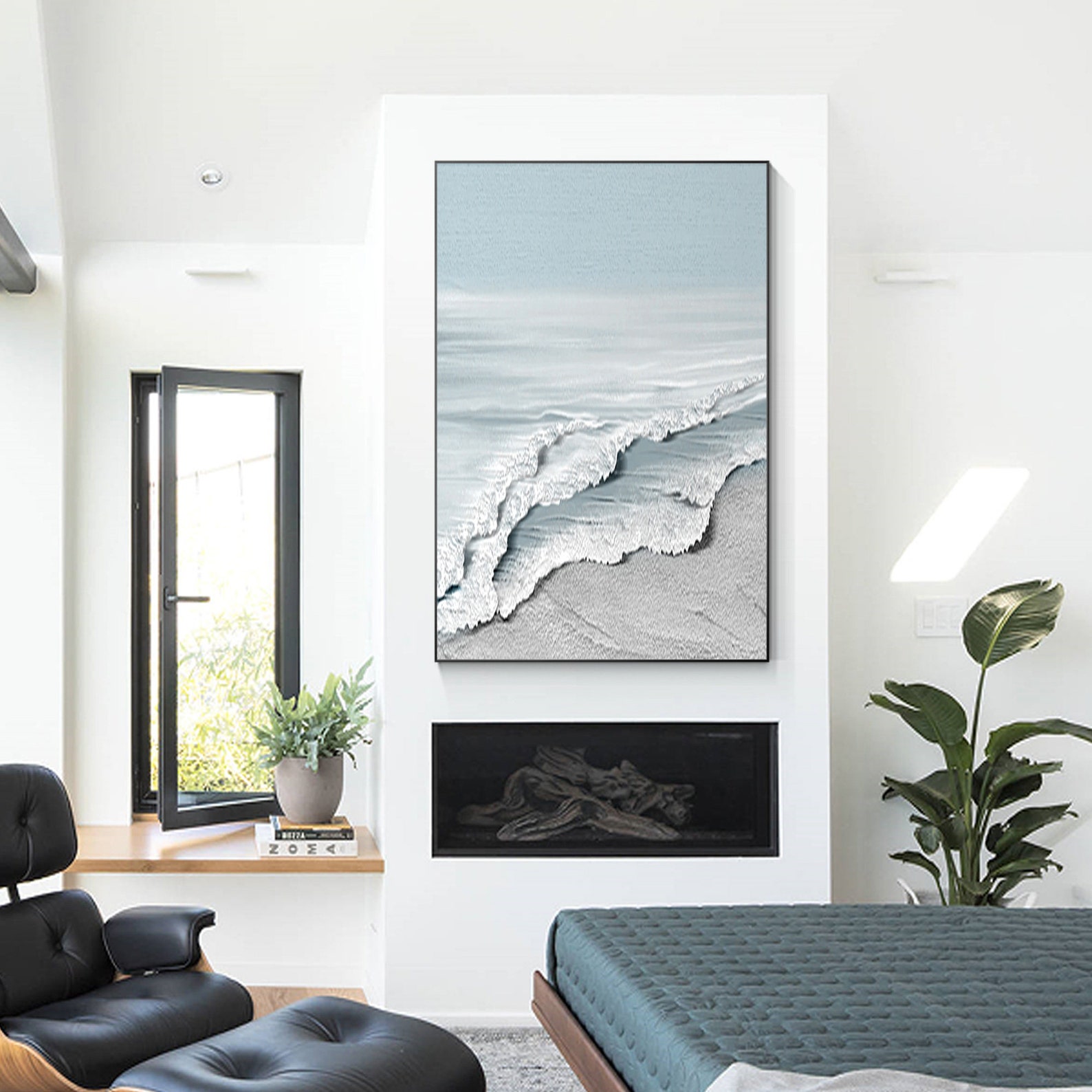 Light Blue Seascape Painting 3D Textured Art White Sea Wave Gray Beach ...