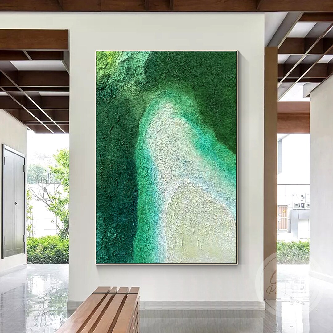 Bright Green Abstract Framed Wall Art Beach Seascape Painting Beige ...