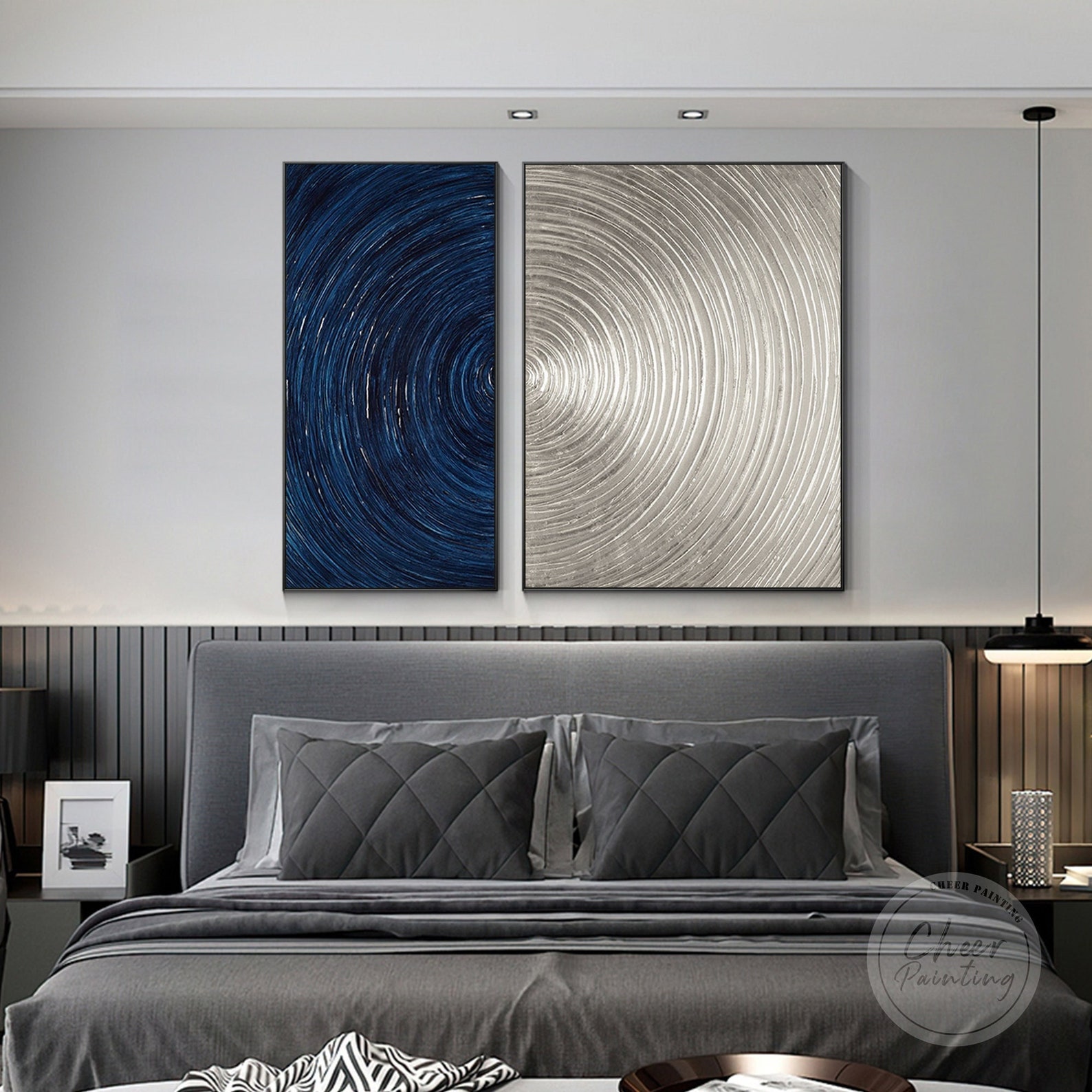 Set of 2: Navy Blue & Silver Circle Abstract Framed Art - Etsy Canada