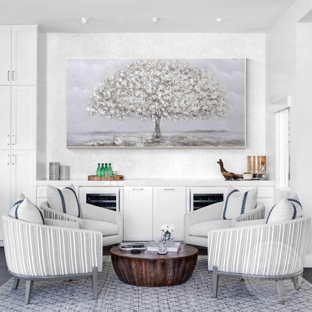 Silver Leaf Tree Painting: Original Abstract Textured Framed Wall Art ...