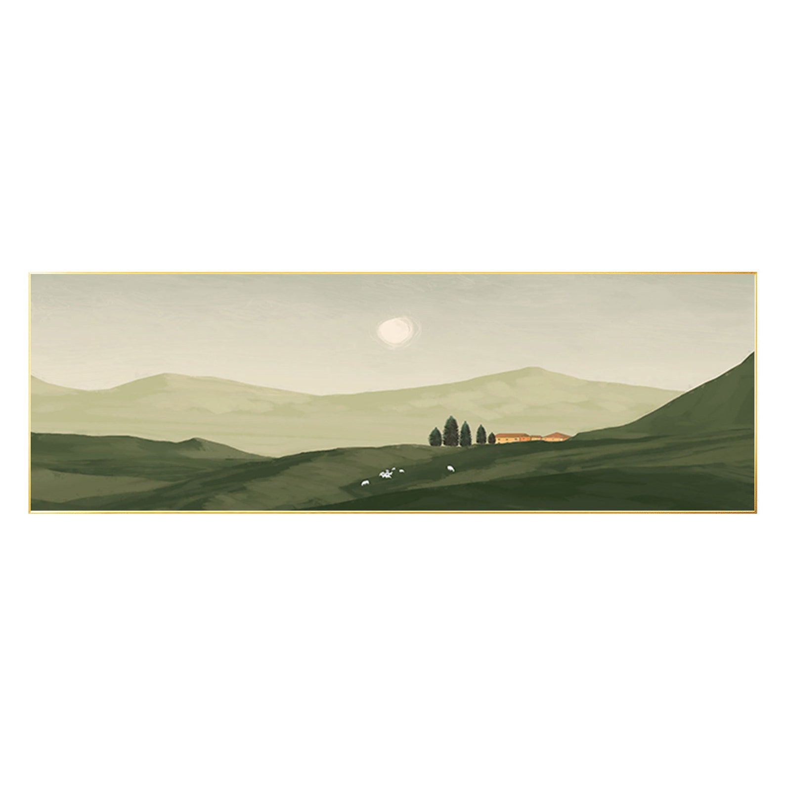 Dark Green Landscape Painting: Sunset Mountain Art, Beige Sky,long ...