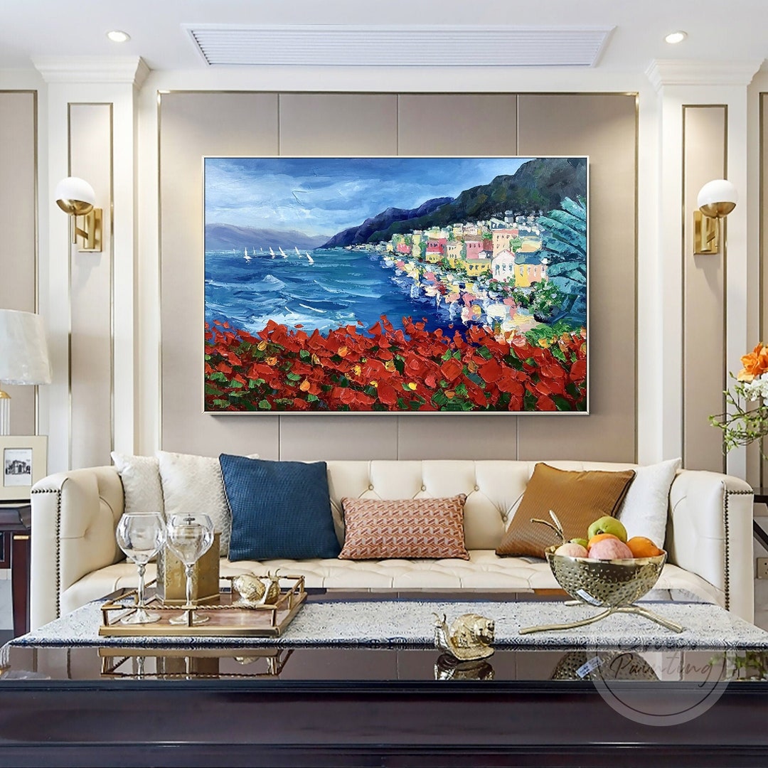 Original Italy Seascape Painting, Positano Coast Wall Art, Dark Red ...