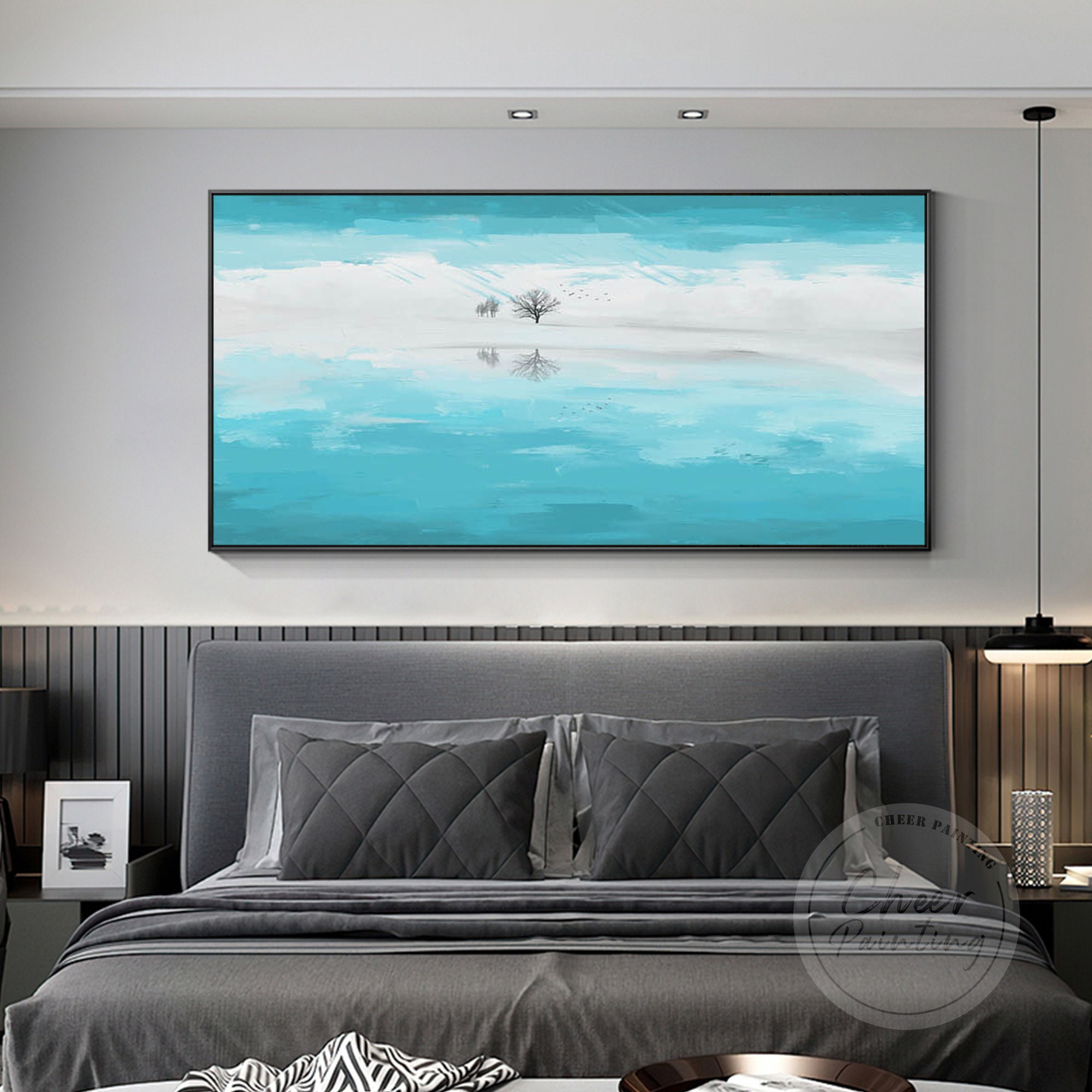 Light Blue Landscape Painting Fantasy Blue Sky Lake Reflection - Etsy