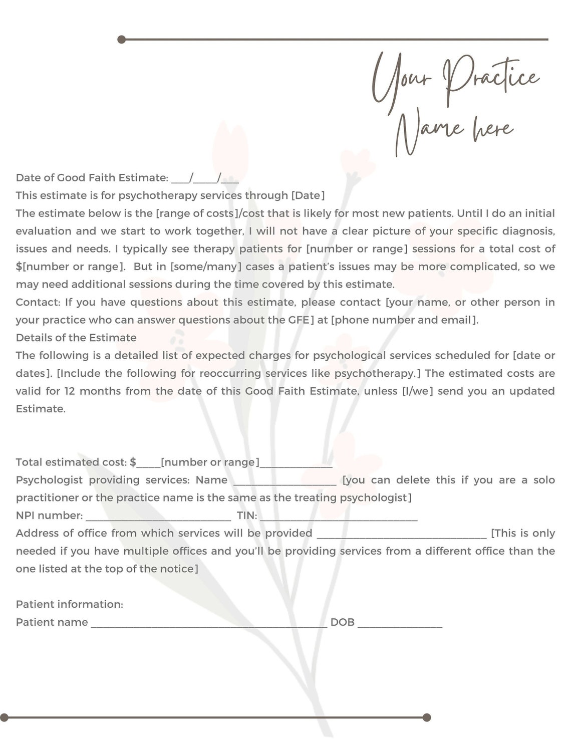 Good Faith Estimate | Good Faith Estimate Disclaimer | Psychotherapy ...