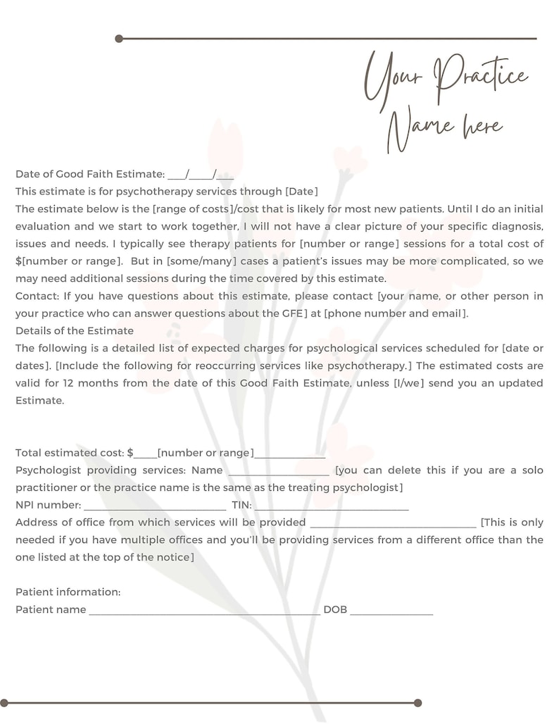 Good Faith Estimate | Good Faith Estimate Disclaimer | Psychotherapy ...