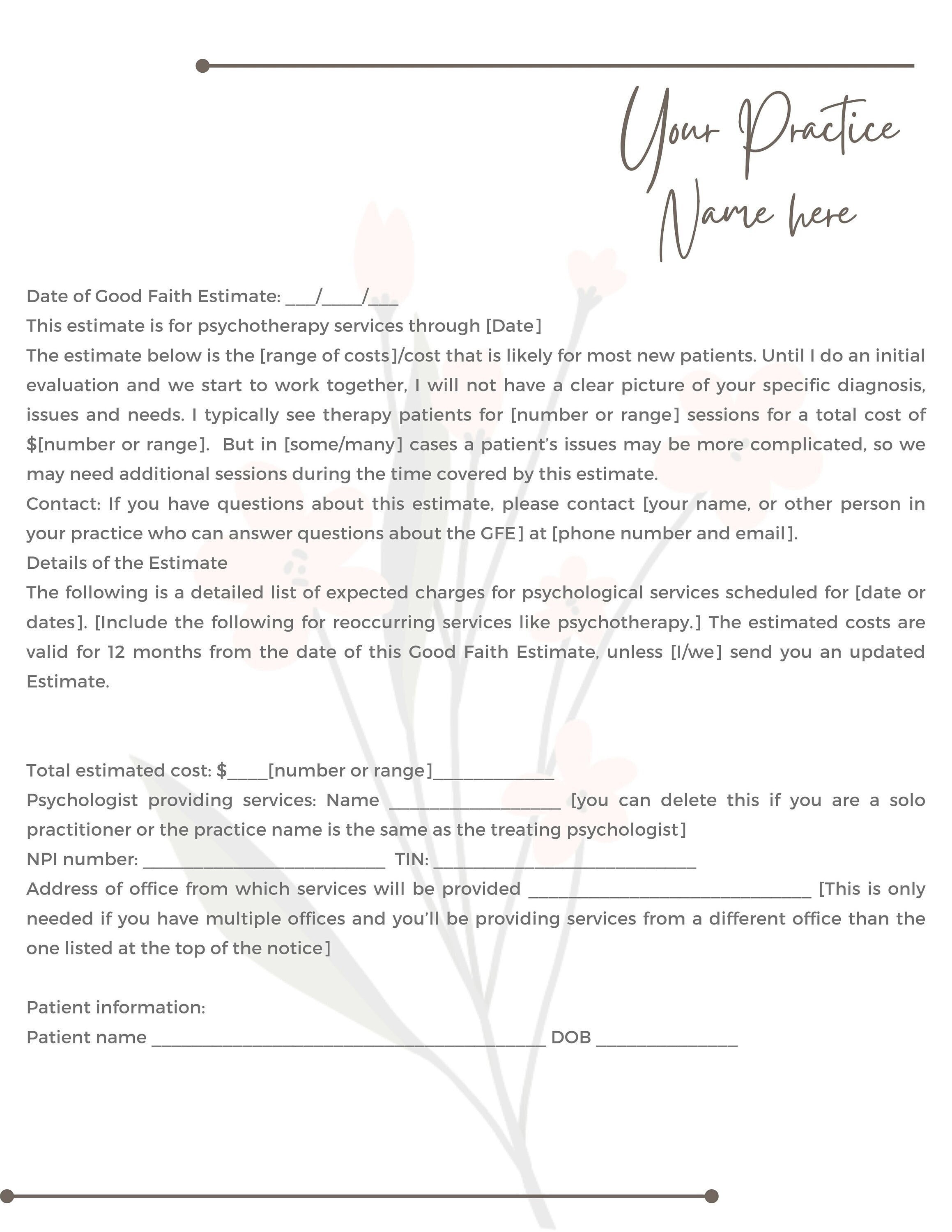 Good Faith Estimate | Good Faith Estimate Disclaimer | Psychotherapy ...