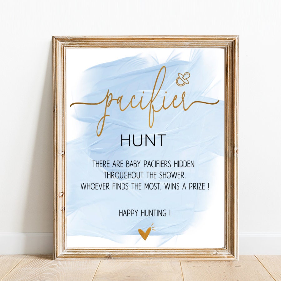 Pacifier Hunt Sign Printable, Boy Baby Baby Shower Game Card, Gold Foil ...