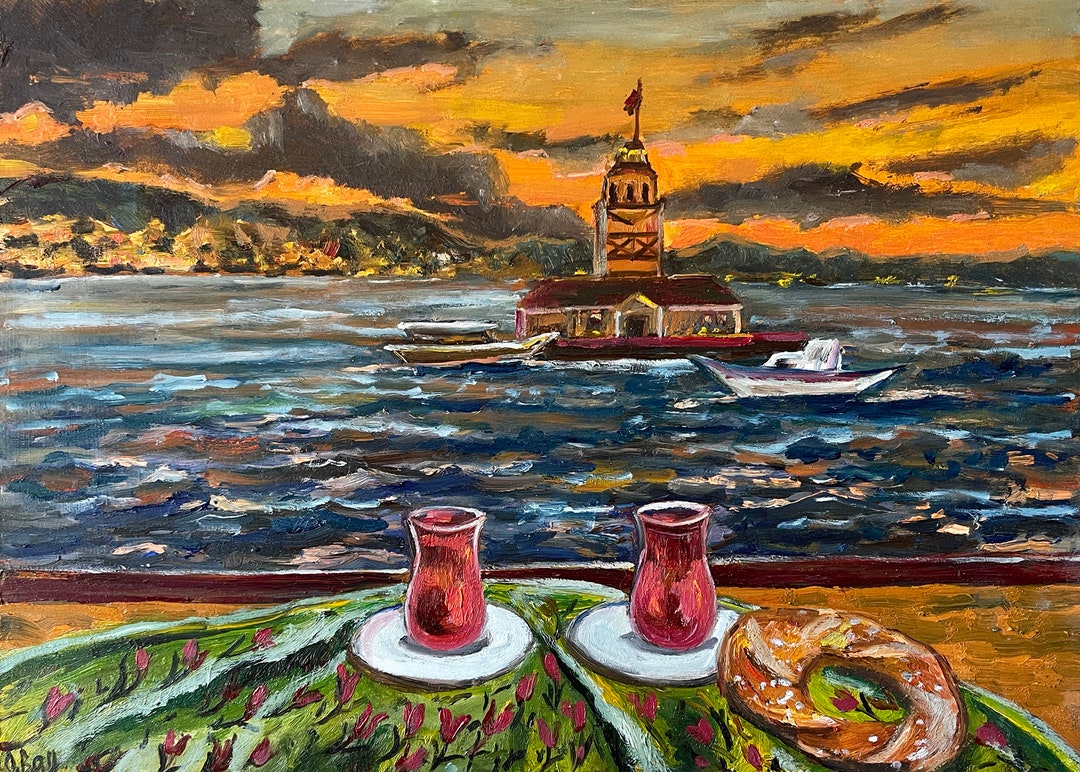 Istanbul Painting Turkish Tea Original Art Kiz Kulesi Painting - Etsy