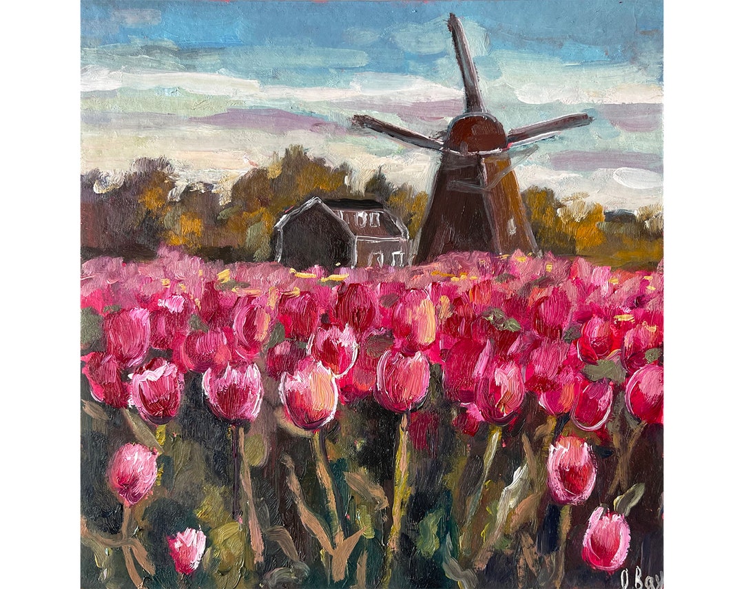 Tulip Field Painting Mill Original Art Landscape Oil Painting 8 by 8 ...