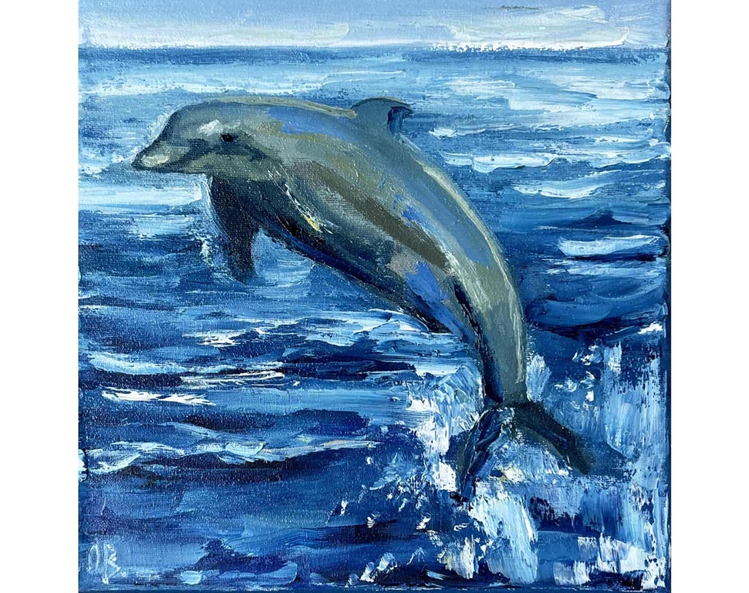 Dolphin Painting Ocean Original Art Impasto Oil Painting 7.5x7.5" by ...