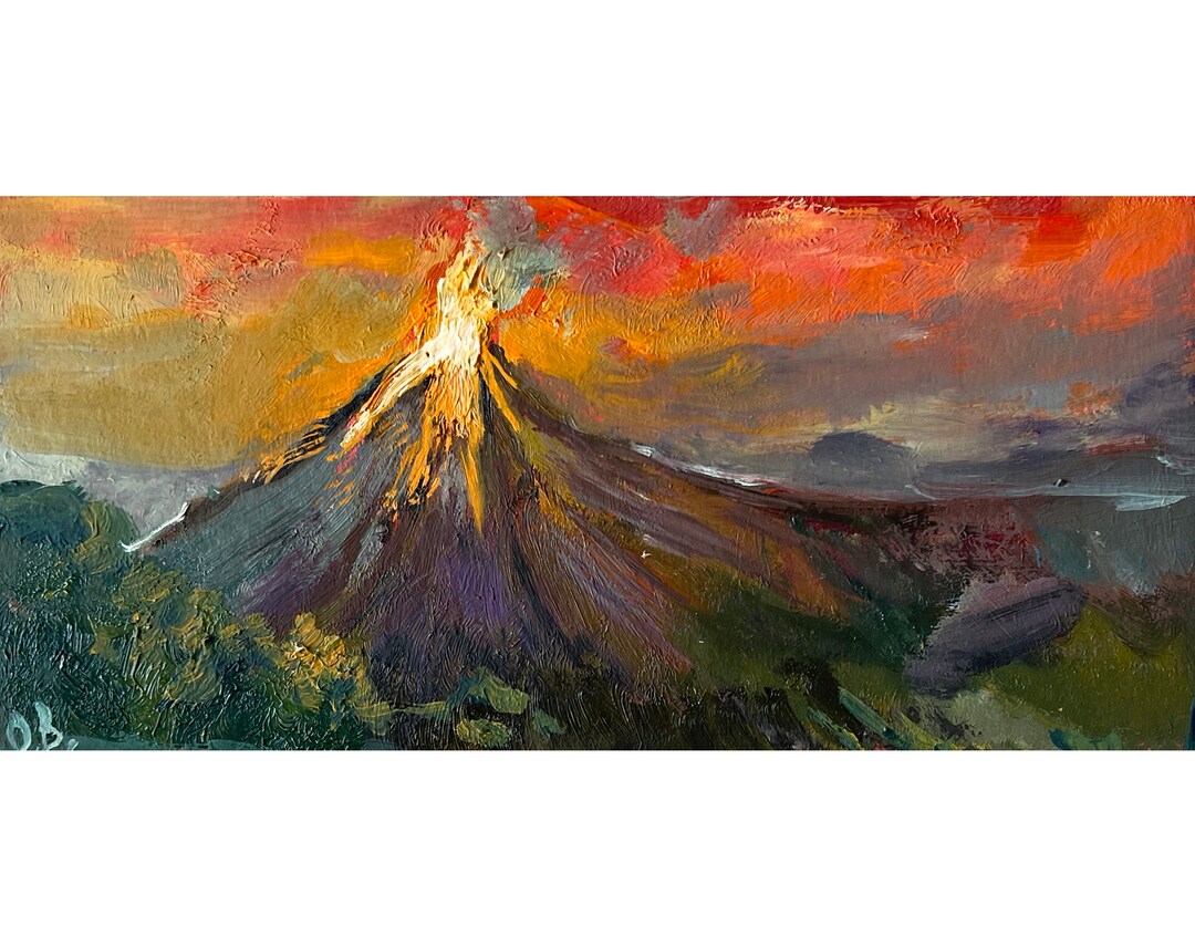 Volcano Painting Mountain Original Art Oil Painting 4 by 8 Landscape ...