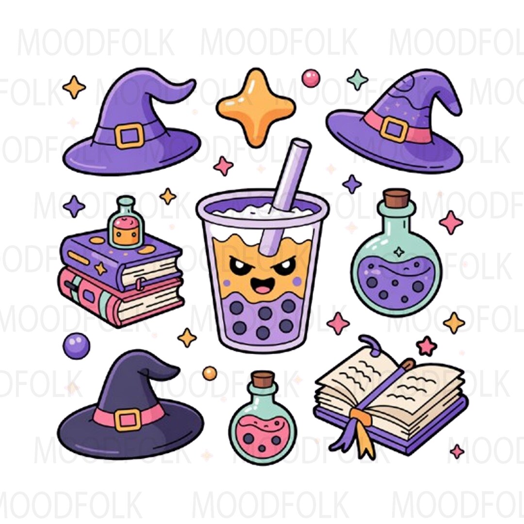 Kawaii Halloween Boba PNG Clipart | Cute Witch Hat Potion Book Digital ...