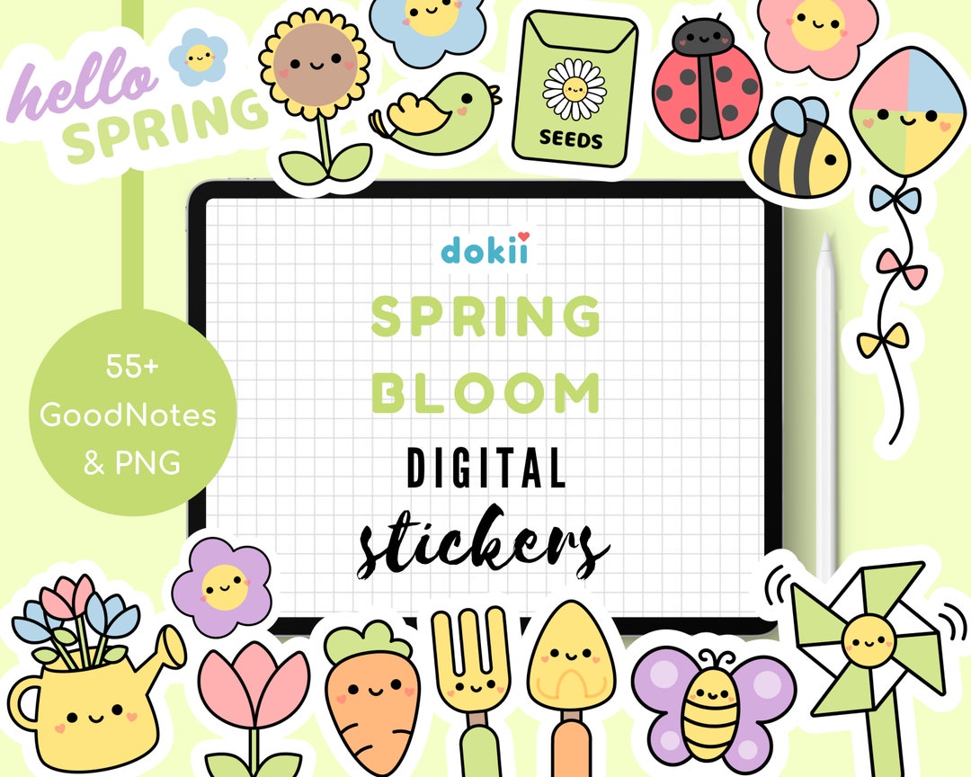 Kawaii Spring Digital Sticker Pack | 55 Cute Spring Goodnotes March ...