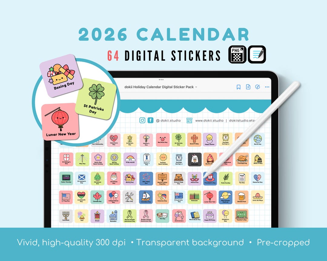 2026 Calendar Digital Stickers | 64 Cute Holidays Goodnotes Yearly ...