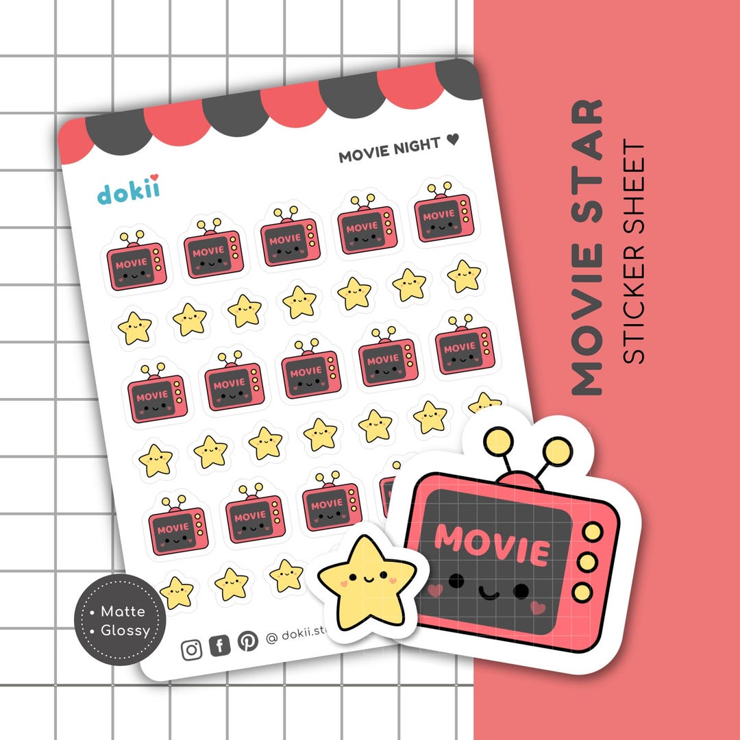 Cute Movie Night Sticker Sheet | Cute Movie Planner Stickers Movie ...
