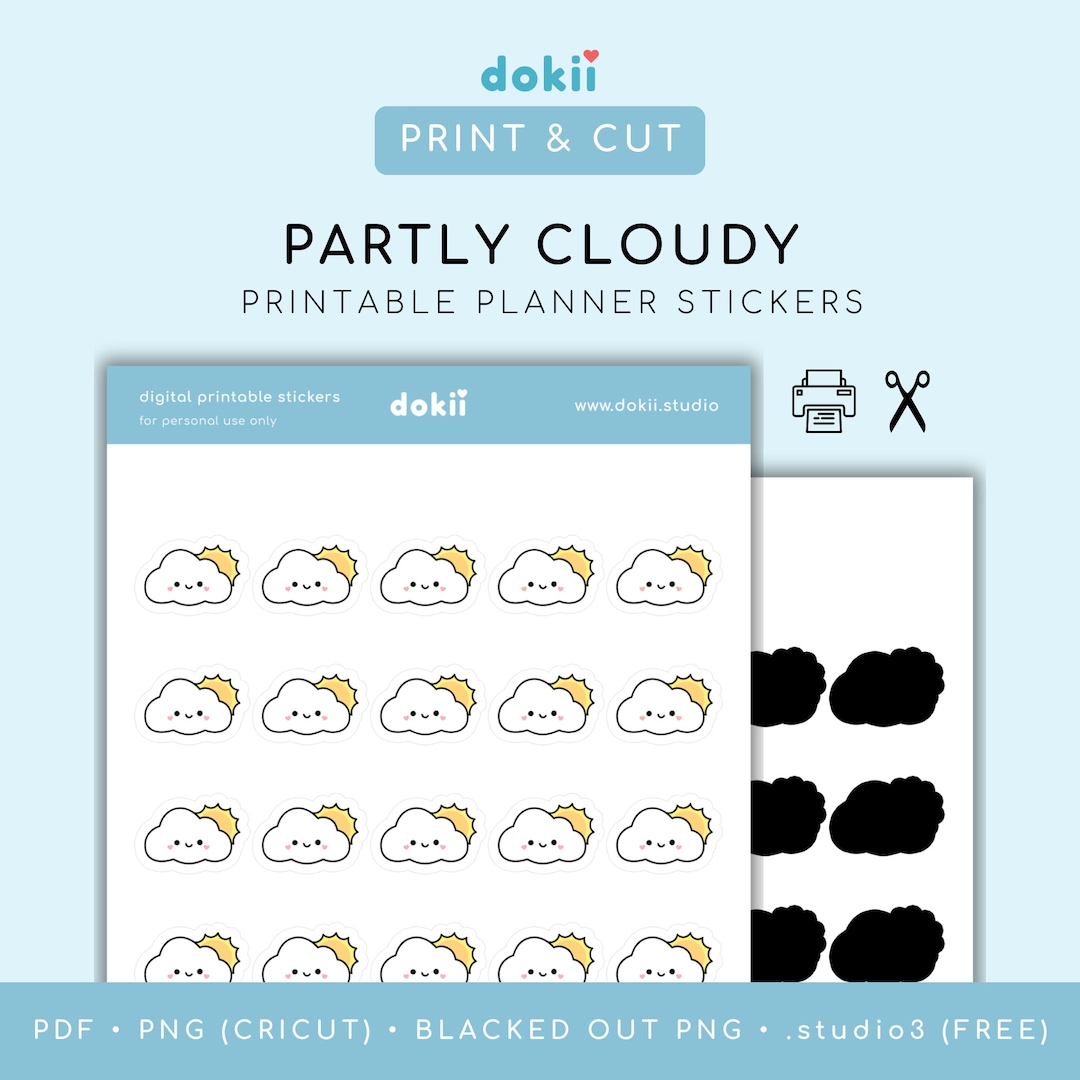 Cute Partly Cloudy Printable Planner Stickers | Kawaii Weather Icon Sun ...