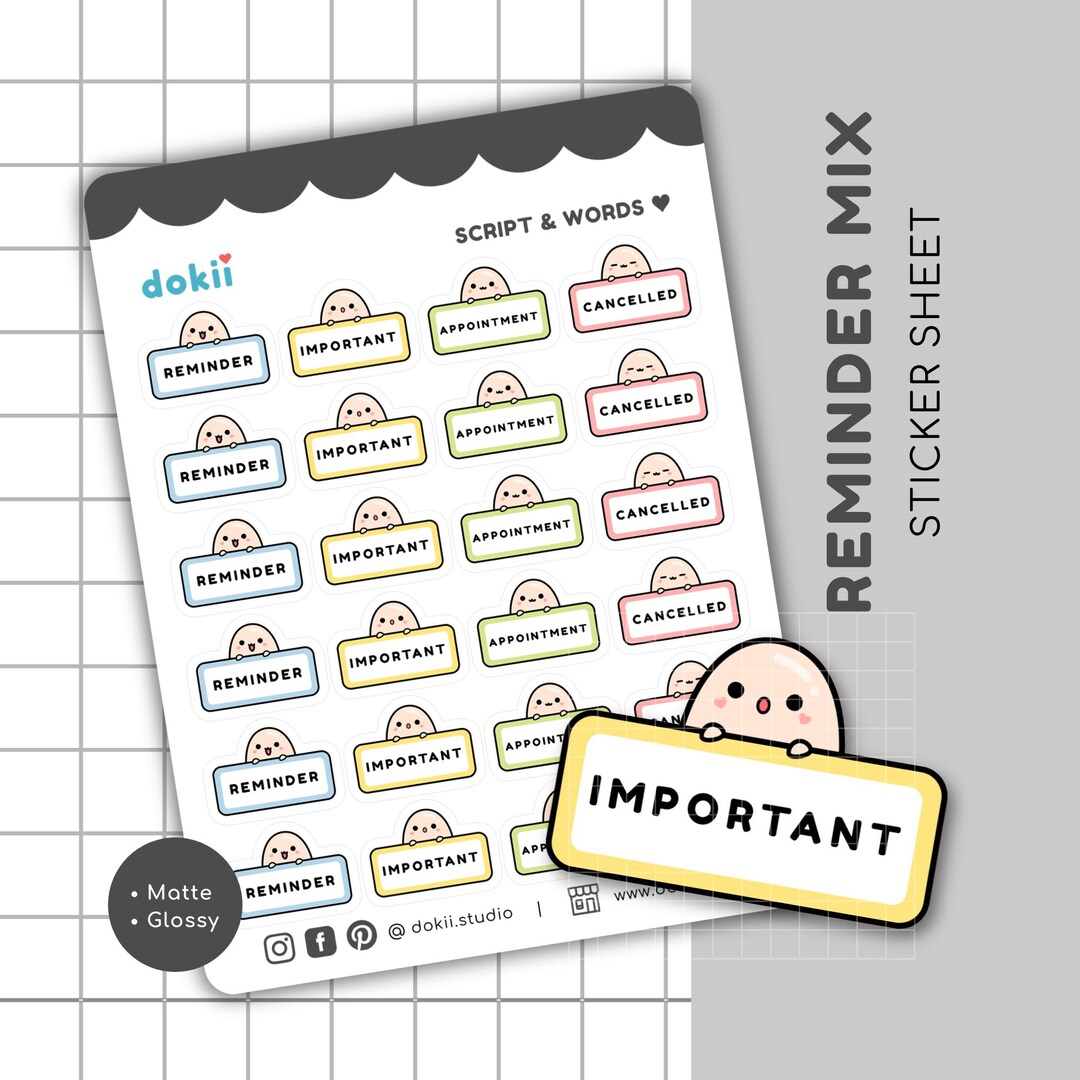 Cute Reminder Sticker Sheet | Reminder Planner Stickers Important ...