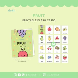 16 Fruit Flash Cards Printable | Kawaii Kindergarten Flashcards Fruit ...