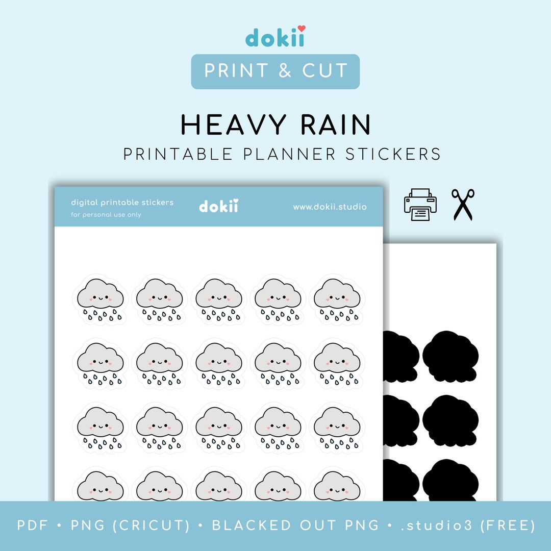 Cute Heavy Rain Printable Planner Stickers | Kawaii Weather Icon Heavy ...