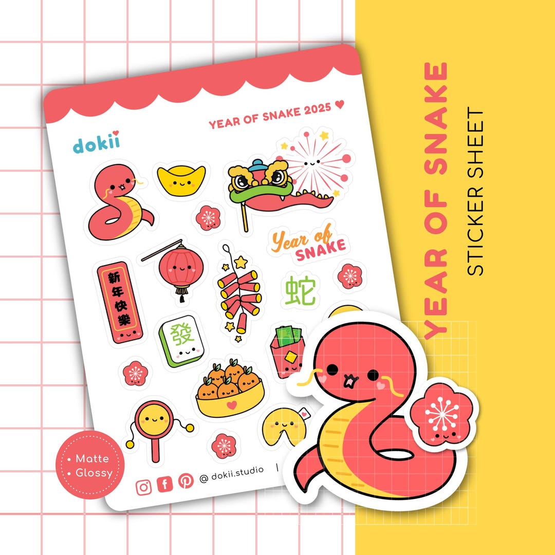 2025 Year of Snake Sticker Sheet | Cute Lunar New Year Planner Sticker ...