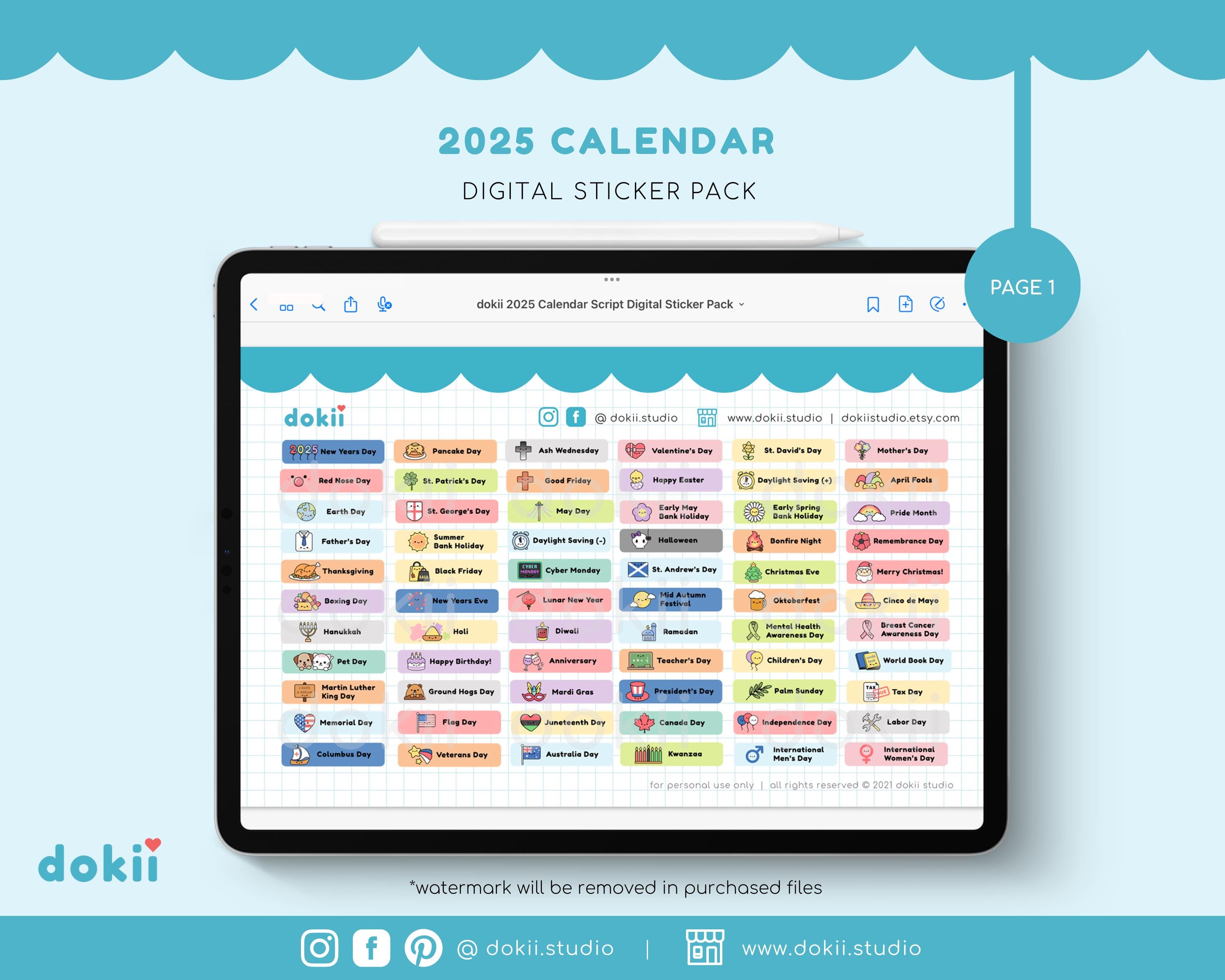 2026 Calendar Script Digital Stickers | 66 Cute Holidays Goodnotes ...