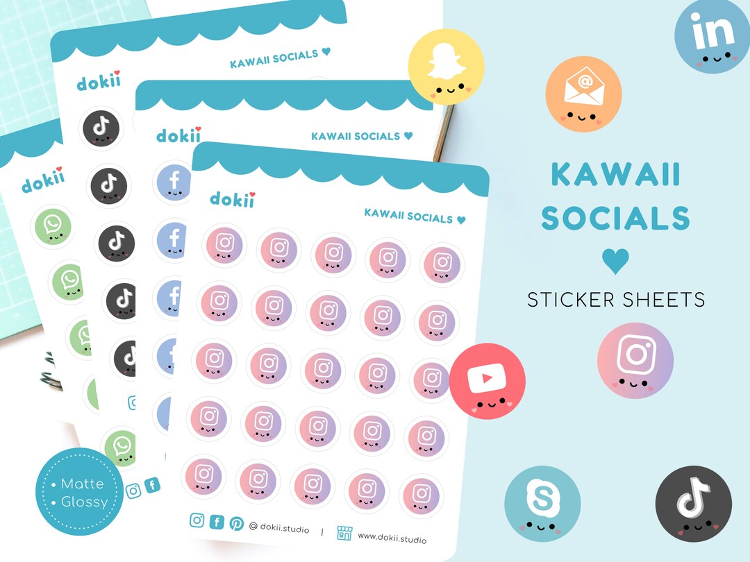 Kawaii Socials Sticker Sheet | Cute Social Media Icon Planner Stickers ...