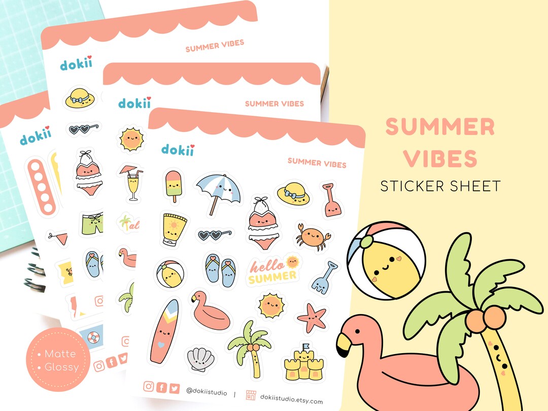Kawaii Summer Vibes Sticker Sheet | Cute Beach Holiday Planner Sticker ...