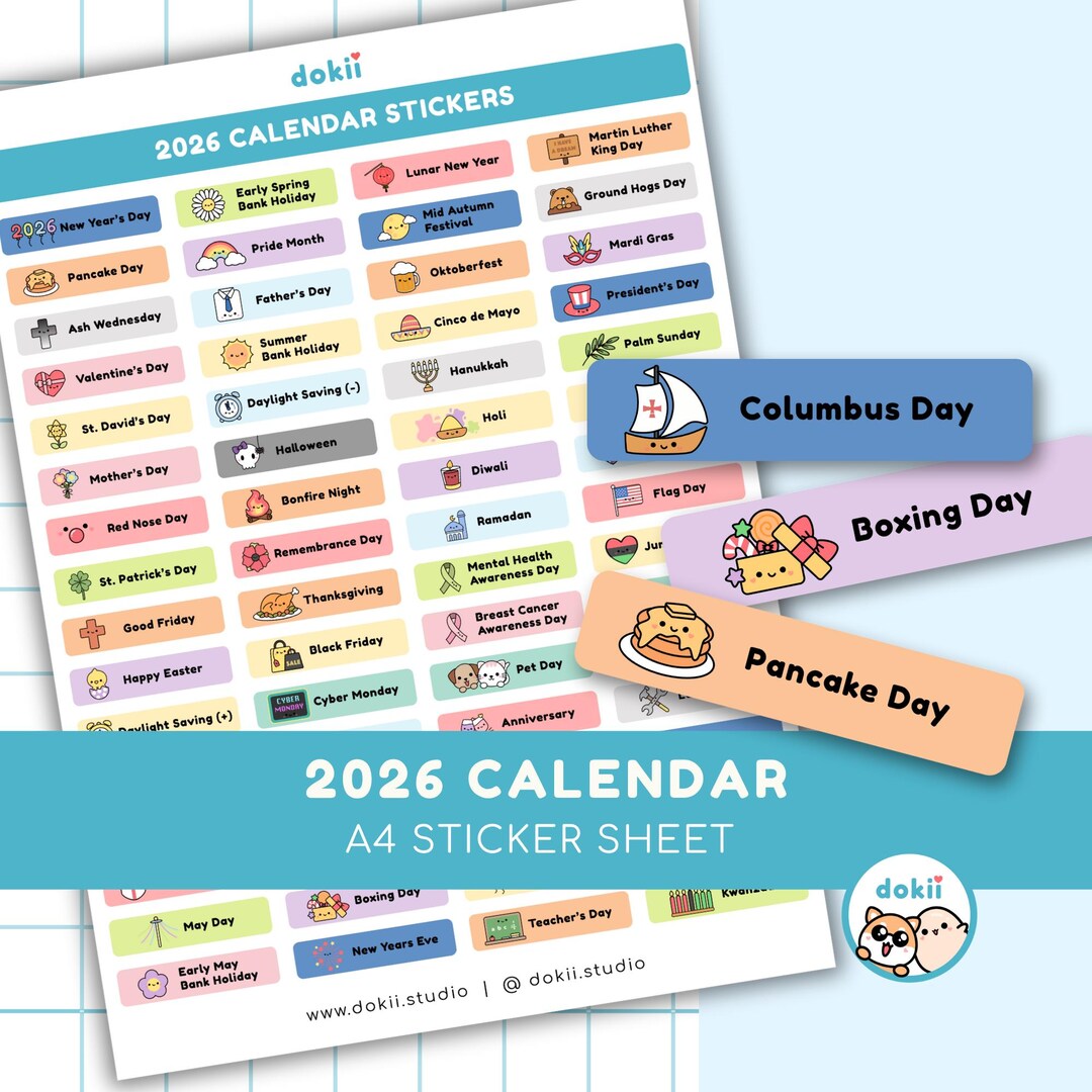 2026 Full Calendar Script Sticker Sheet | 64 Cute Full Yearly Events ...