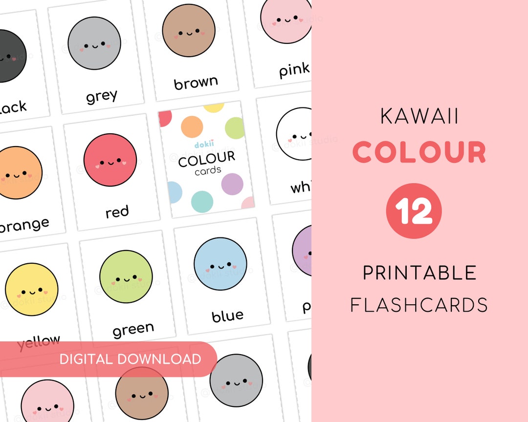 12 Kawaii Colour Flash Cards Digital Printable Colour Cards - Etsy