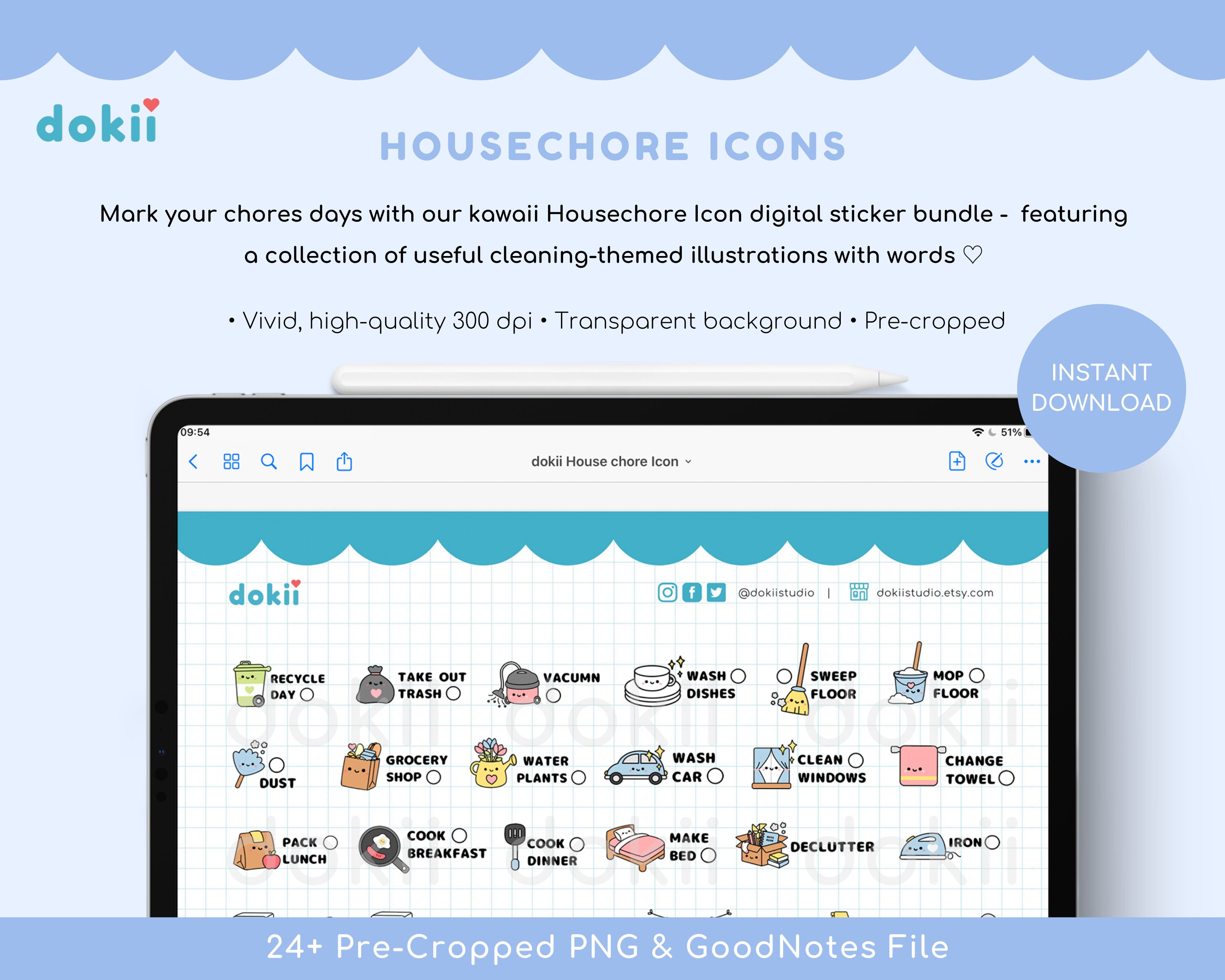 Cute House Chores Icon Digital Sticker Bundle | 24+ Kawaii Cleaning Pre ...