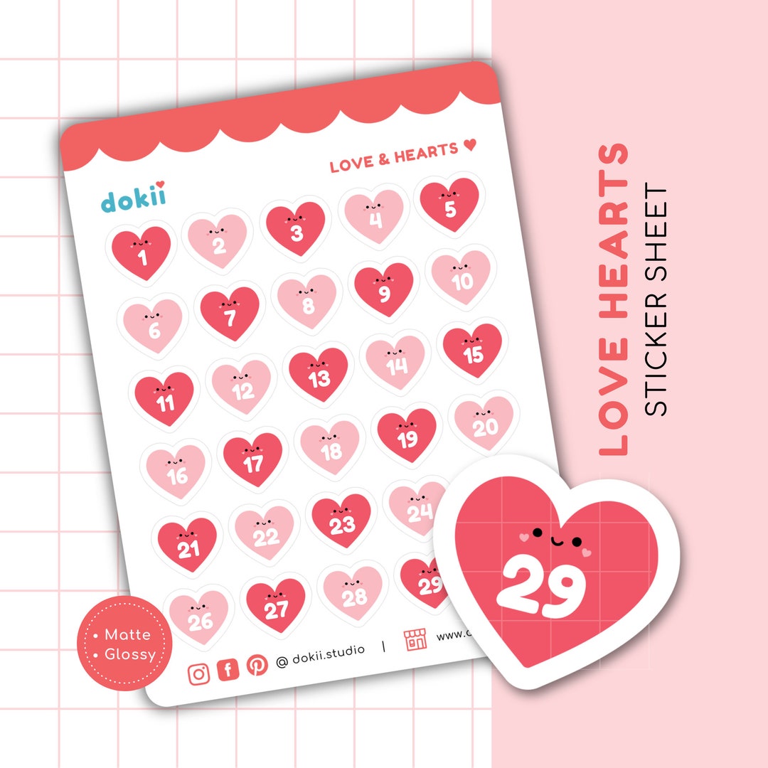 Love Heart Countdown Sticker Sheet | Cute February Planner Sticker Date ...