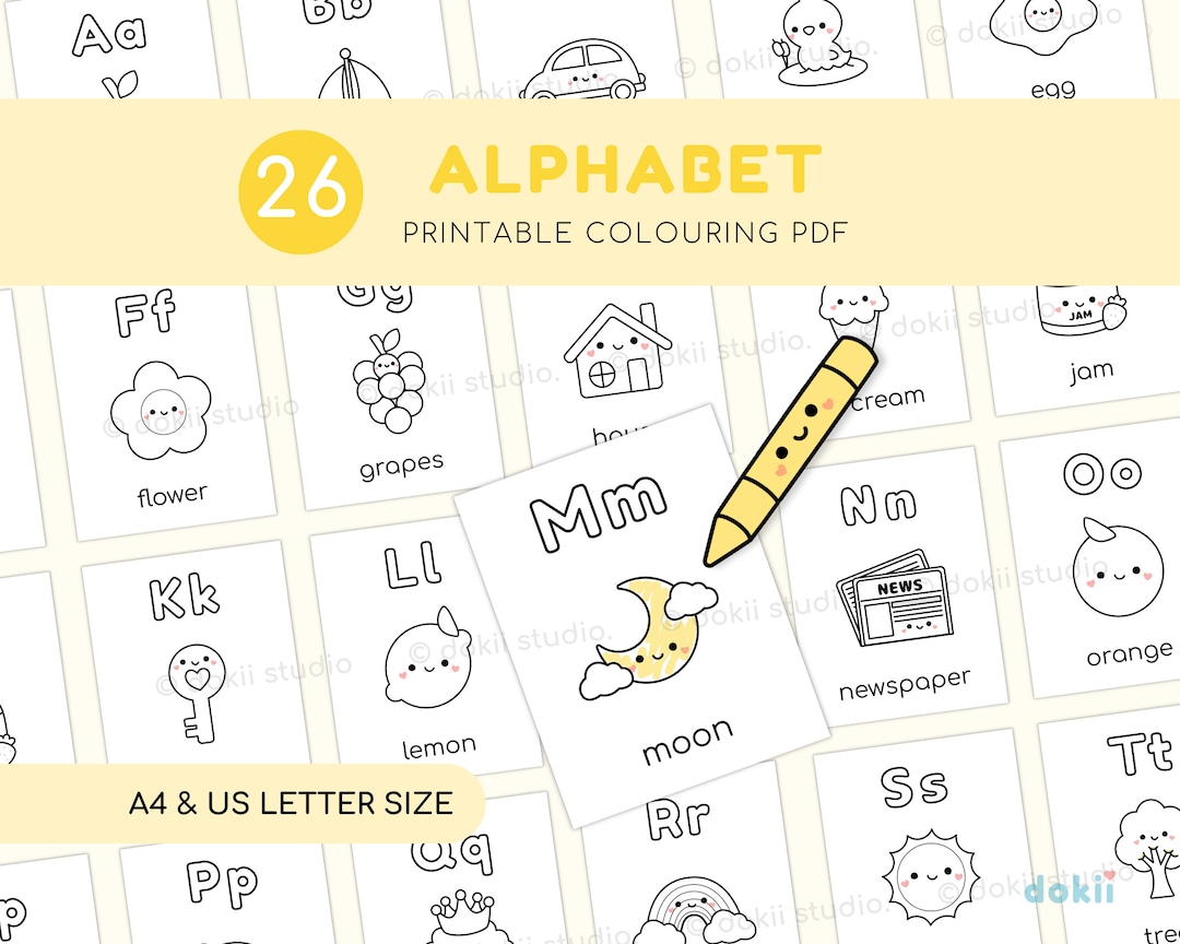Kawaii 26 Alphabet Colouring Page, Cute A to Z Printable PDF Colouring ...