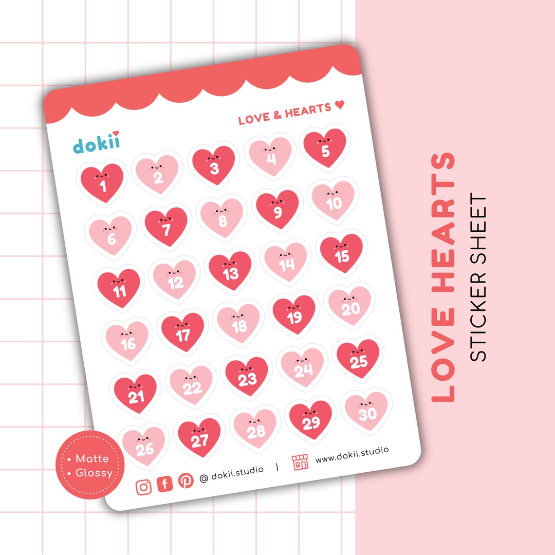 Love Heart Countdown Sticker Sheet Cute February Planner Sticker Date ...
