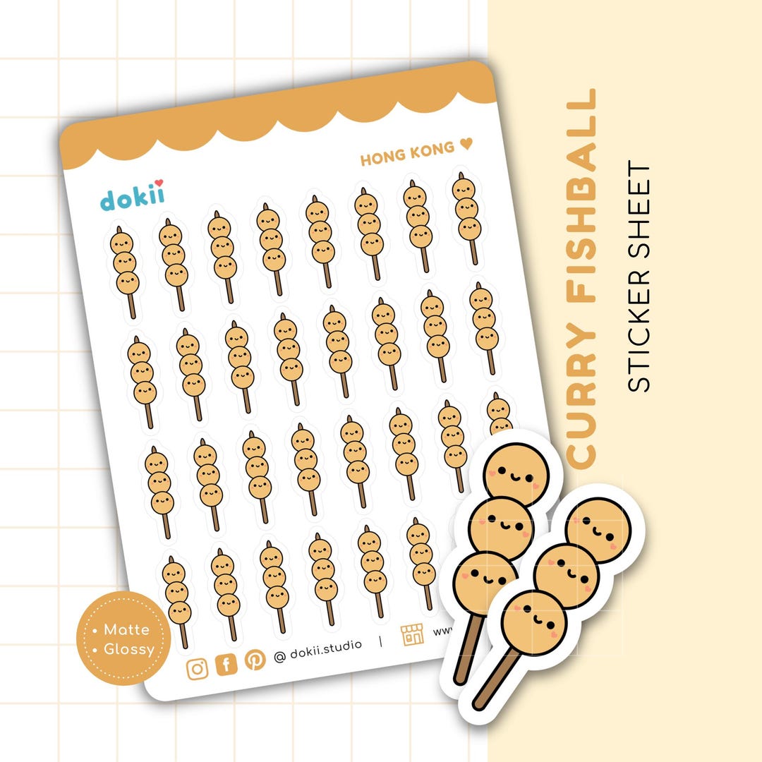 Kawaii Curry Fishball Sticker Sheet | Cute Hong Kong Street Snacks ...