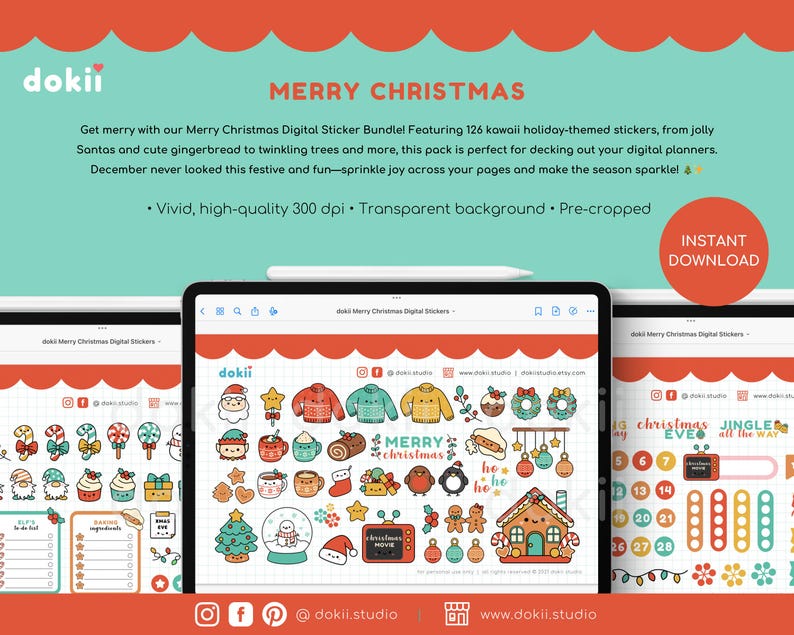 Merry Christmas Digital Sticker Bundle | 126 Cute Christmas Goodnotes ...