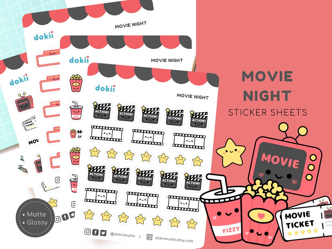 Kawaii Movie Night Sticker Sheet | Cute Cinema Planner Stickers ...