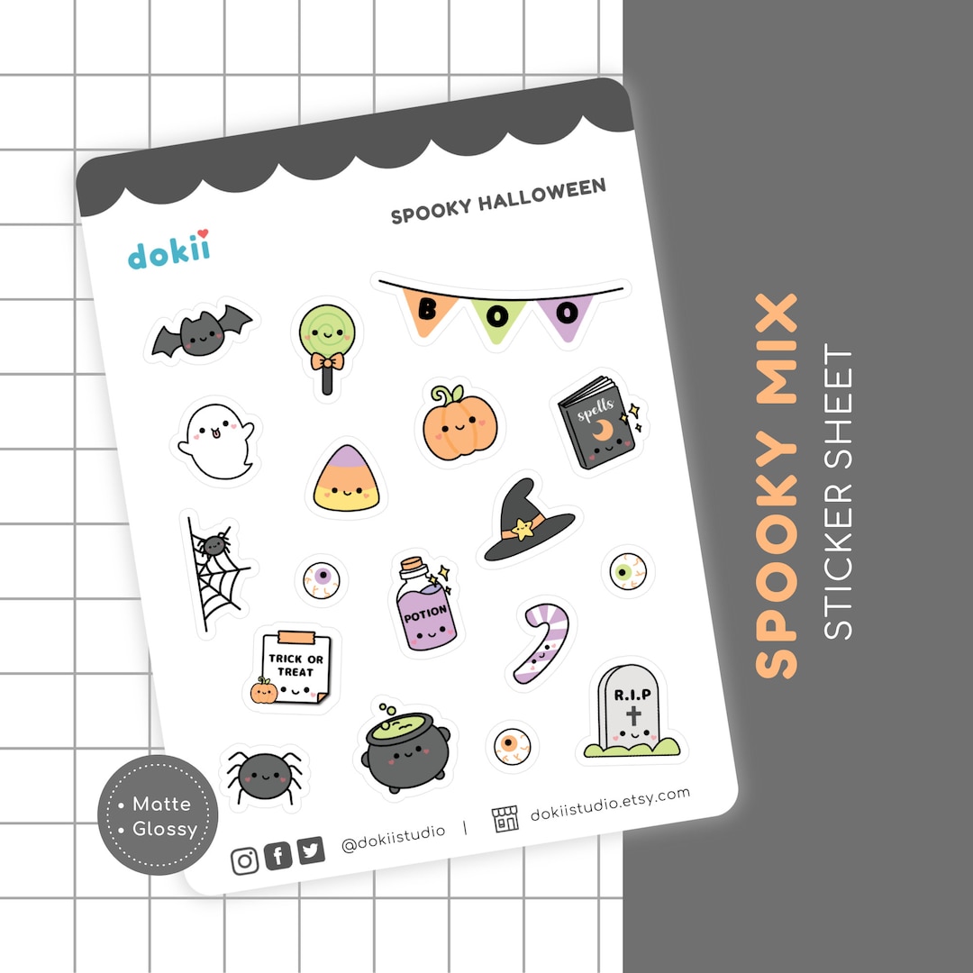 Kawaii Halloween Sticker Sheet | Cute Spooky Mix Stickers Fall Autumn ...