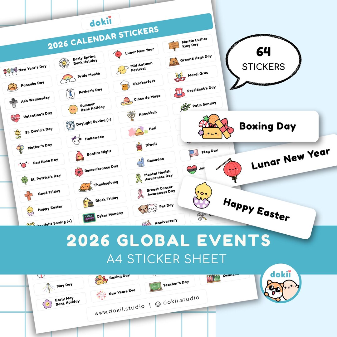 64 Global Event Sticker Sheet 2026 Calendar Year | Cute Global Yearly ...