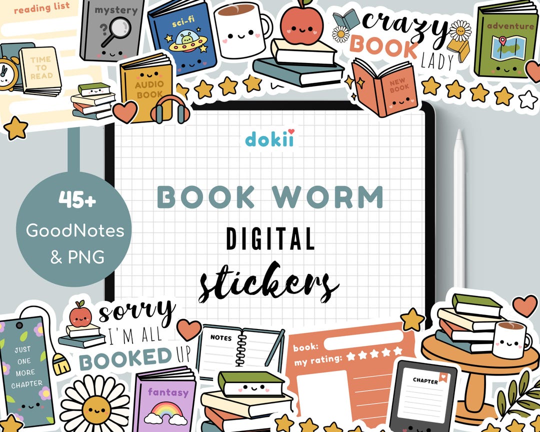 Book Worm Digital Stickers Cute Book Lover Digital Stickers Bookish ...